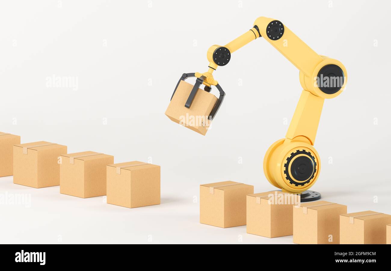 The robotic arm picks up the box, 3d rendering. Computer digital ...