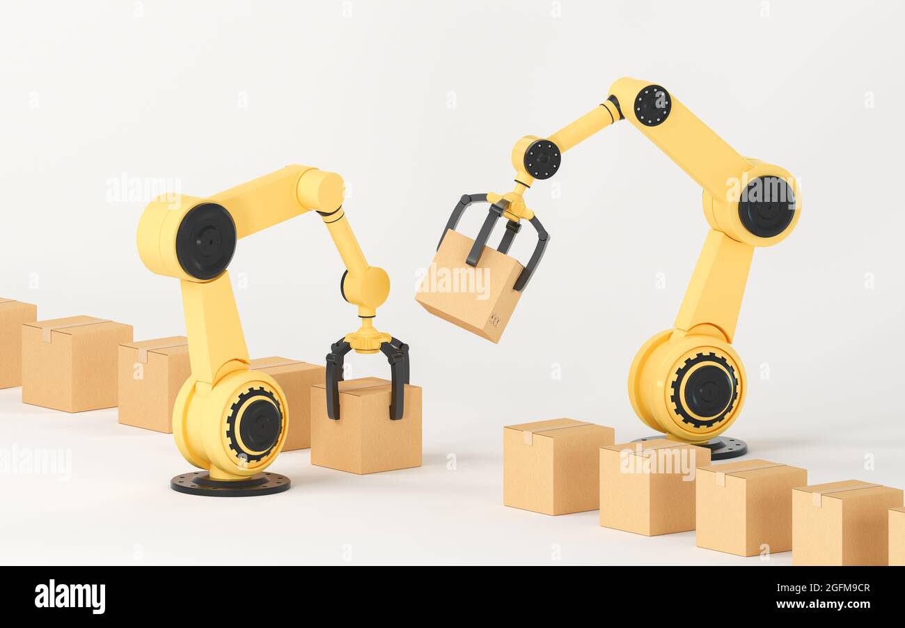 The robotic arm picks up the box, 3d rendering. Computer digital ...