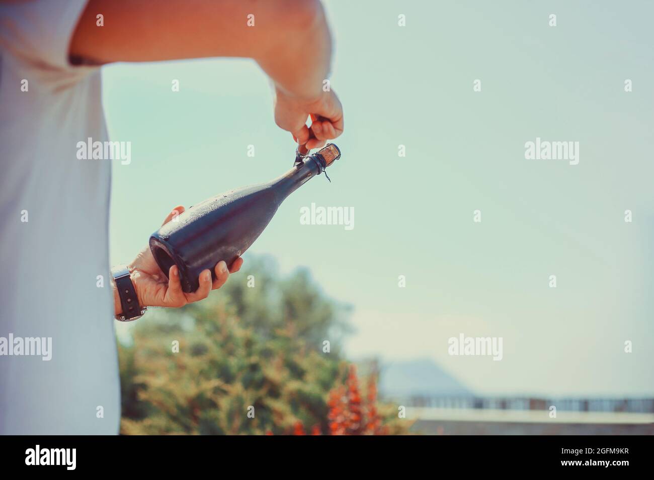 The bartender opens a bottle of sparkling wine by the knife. Sabrage ...