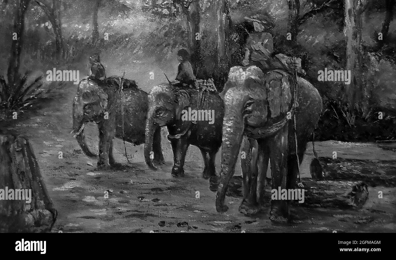 Art painting Oil color elephant hauling logs thailand , black and white ...