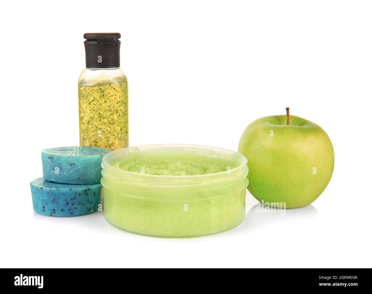 Body care set with apple on white background Stock Photo - Alamy