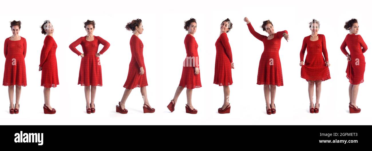various poses of same woman with red dressed on white background Stock ...