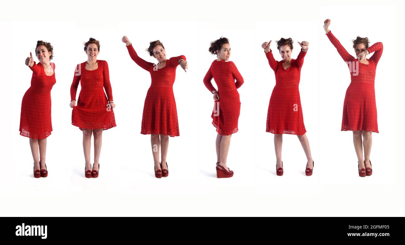 various poses of a happy woman with white background Stock Photo - Alamy