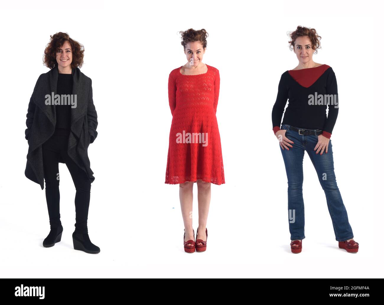 the same woman with different outfits on white background Stock Photo ...