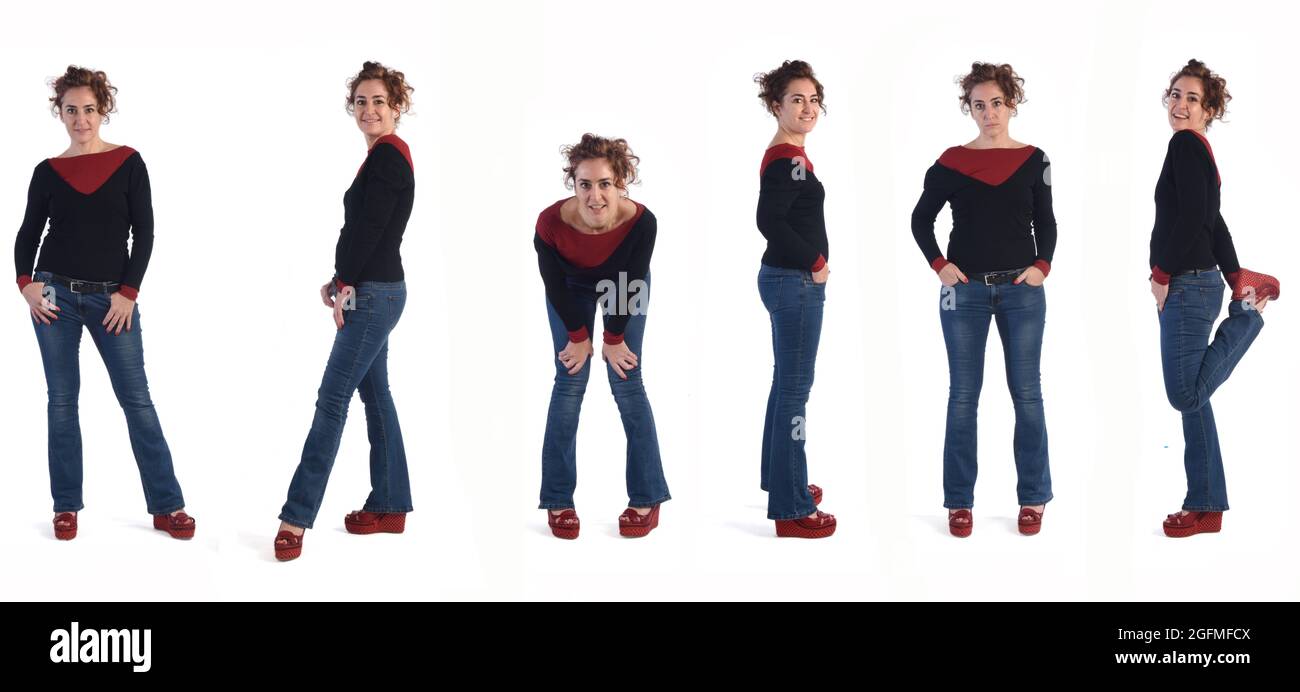 same woman with various poses on white background Stock Photo - Alamy