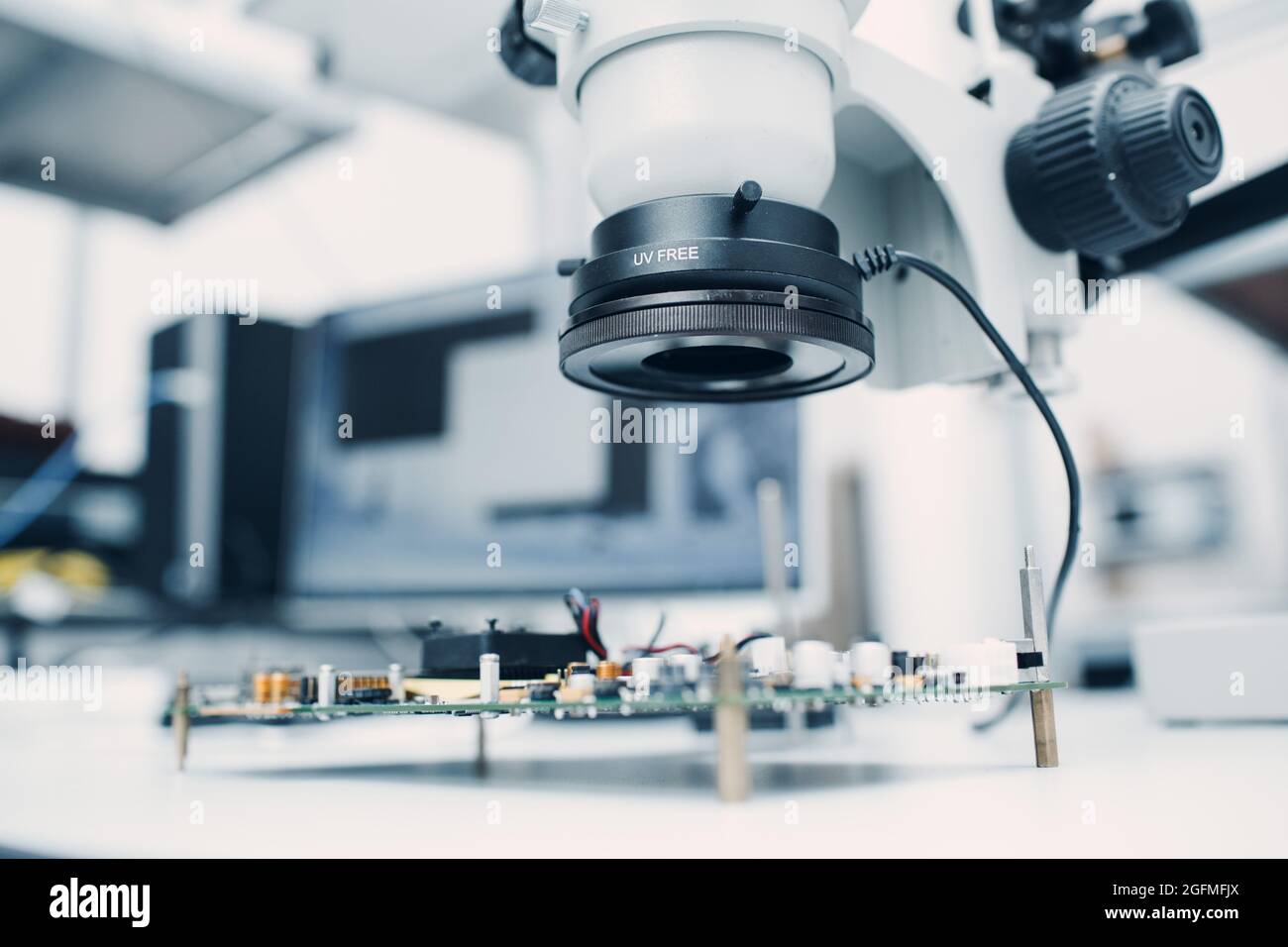 Microscope in Scientific research tech Laboratory on table Stock Photo ...