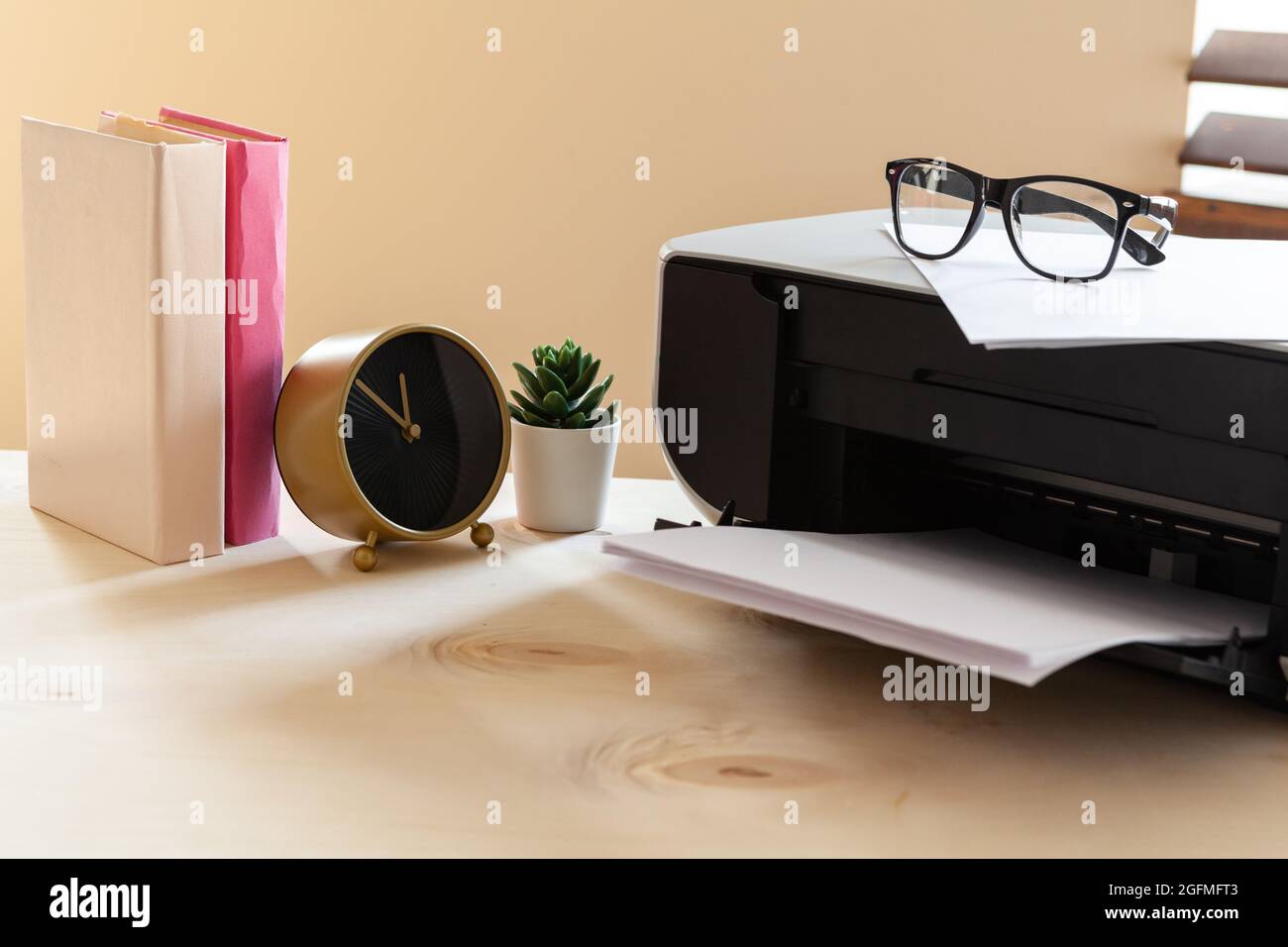 Close up of an office table with printer on it Stock Photo - Alamy