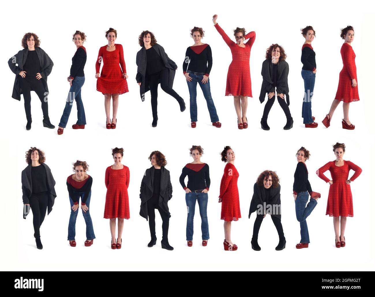 large group of same woman with different outfits on white background ...