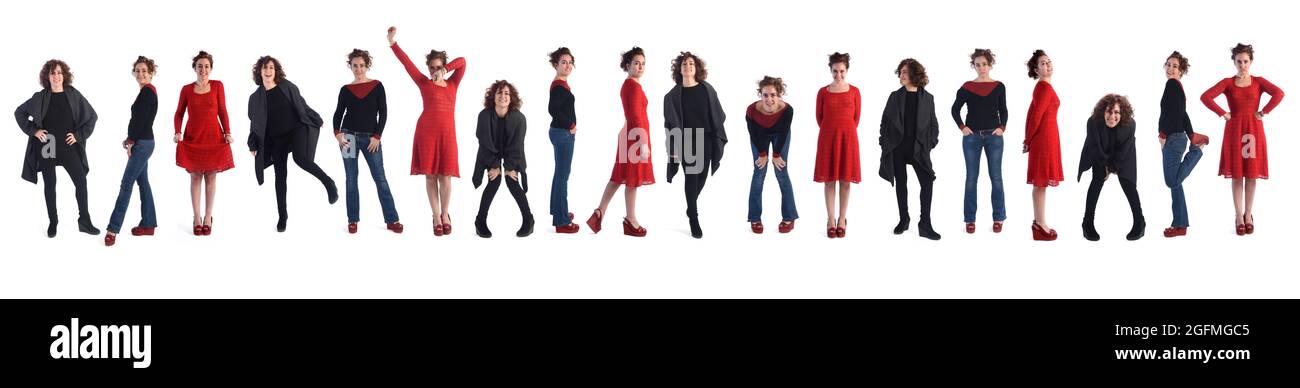 line of large group of same woman with different outfits on white ...