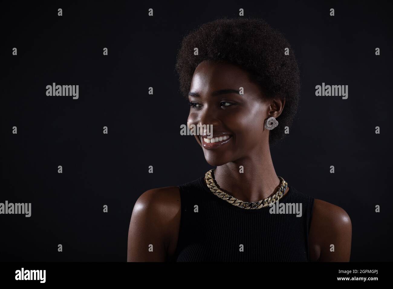 Portrait Of Young Smiling Black Woman Beautiful Curly Haired African