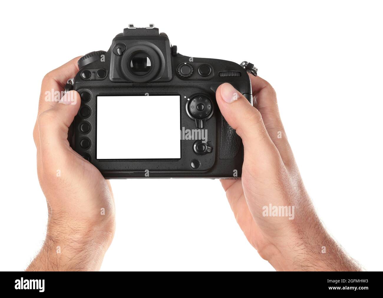 Male hands holding photo camera, isolated on white Stock Photo - Alamy