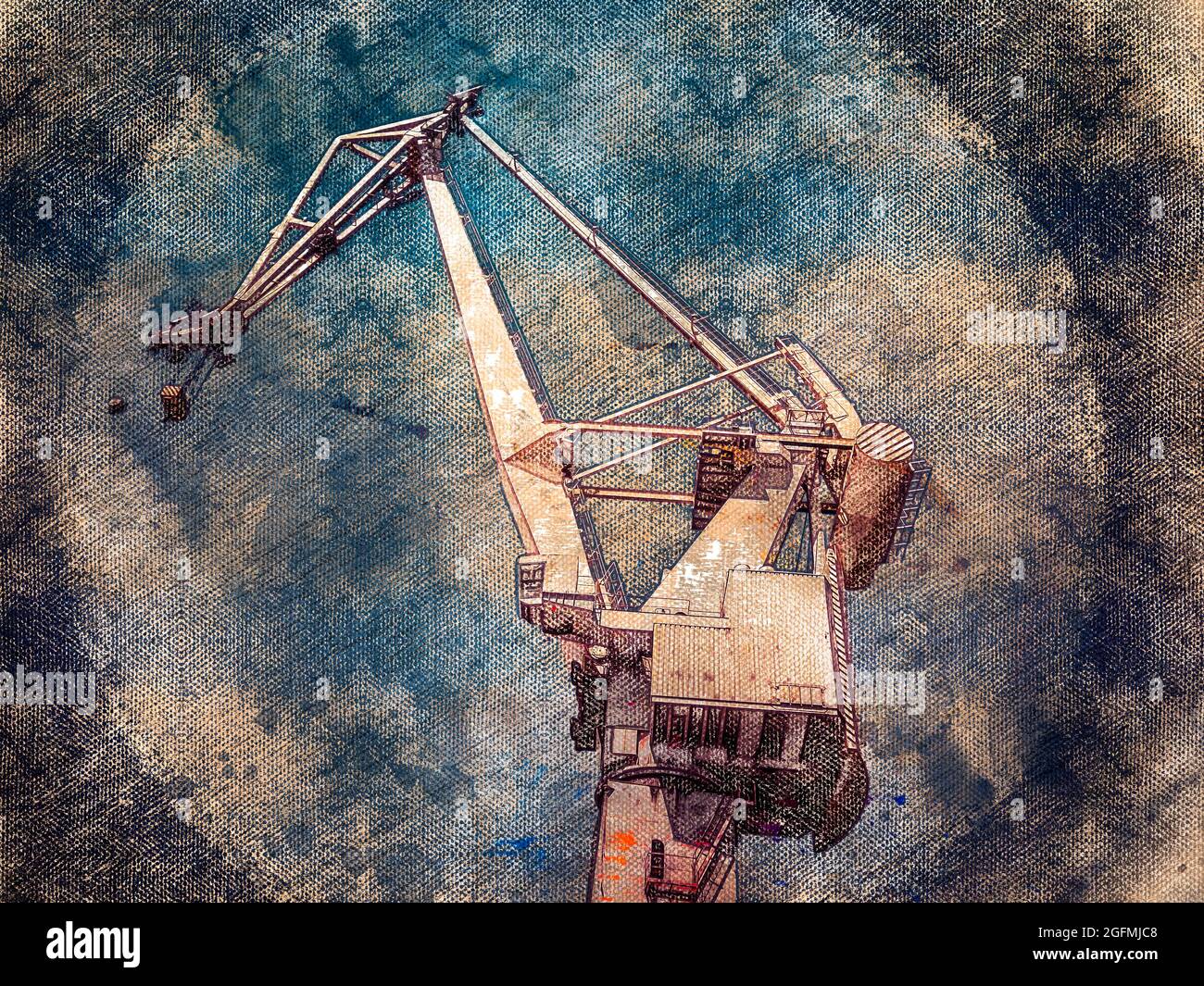 A 100-ton portal tower crane on a wharf at a shipyard. Side view of ...