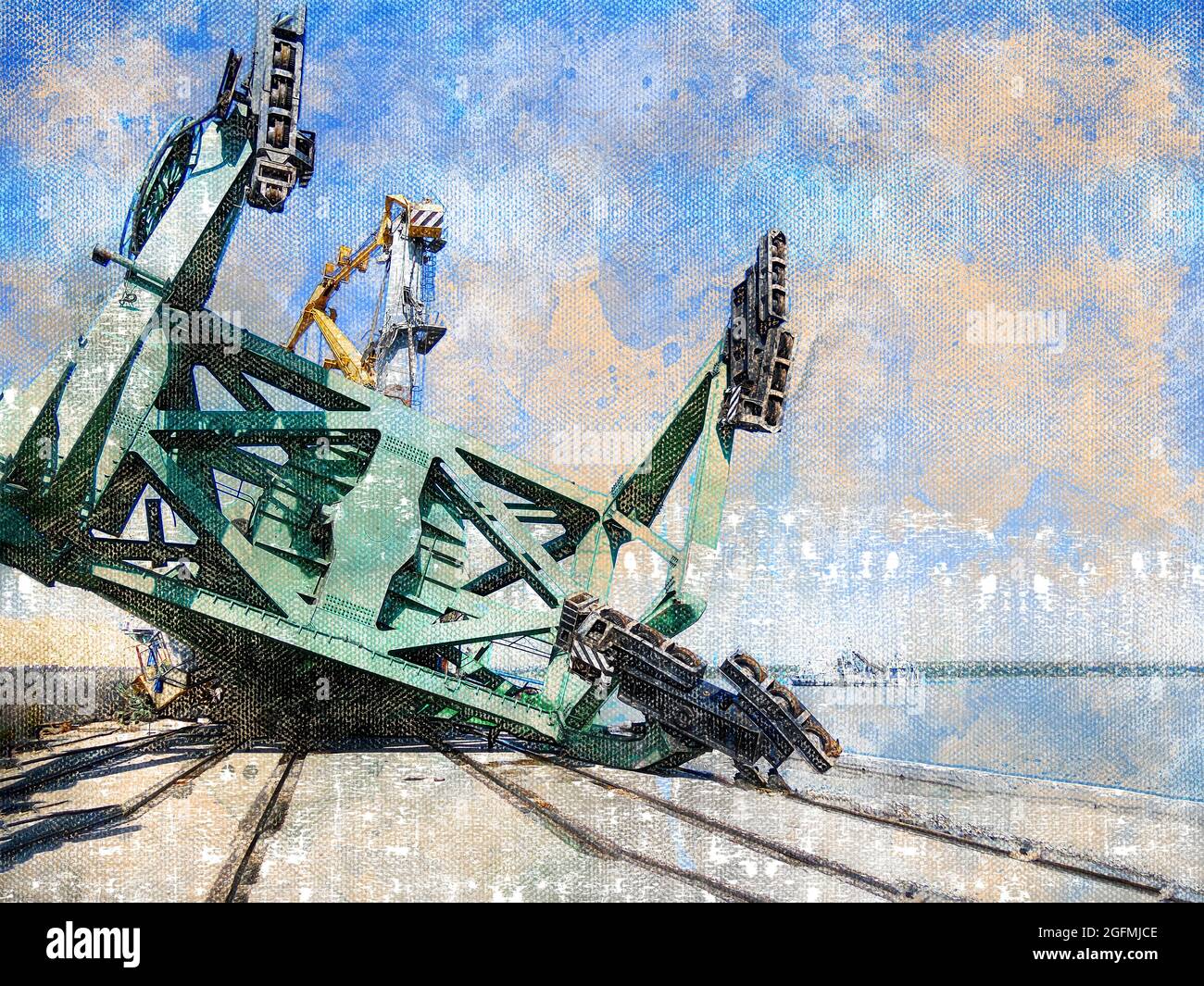 Harbor Crane collapse. Fallen port crane after a strong storm. Large ...