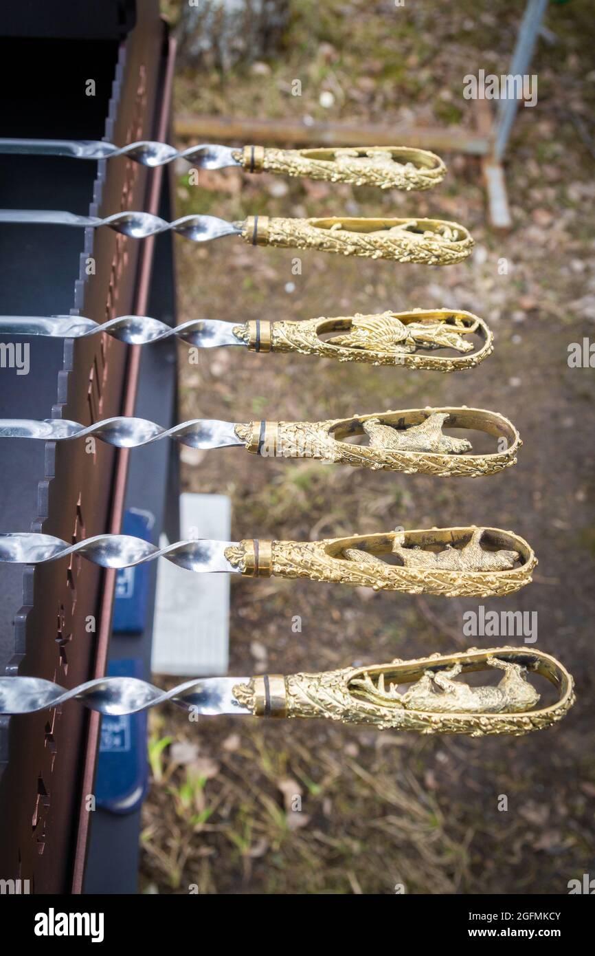 Original skewers on the grill in the spring Stock Photo - Alamy