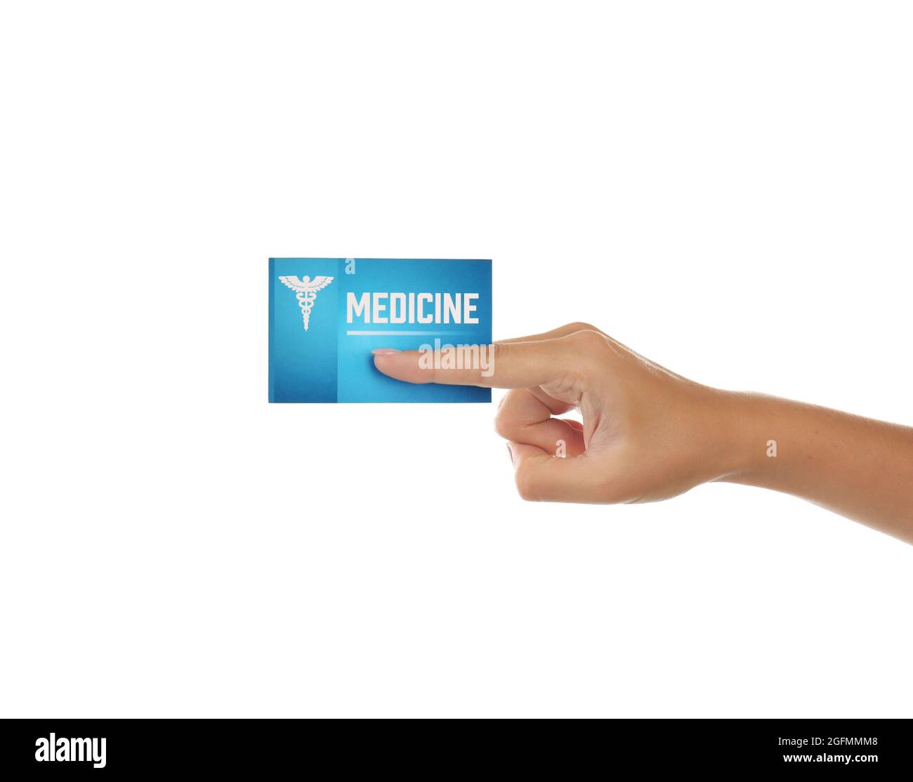 Woman hand holding card on white background. Medical service concept ...