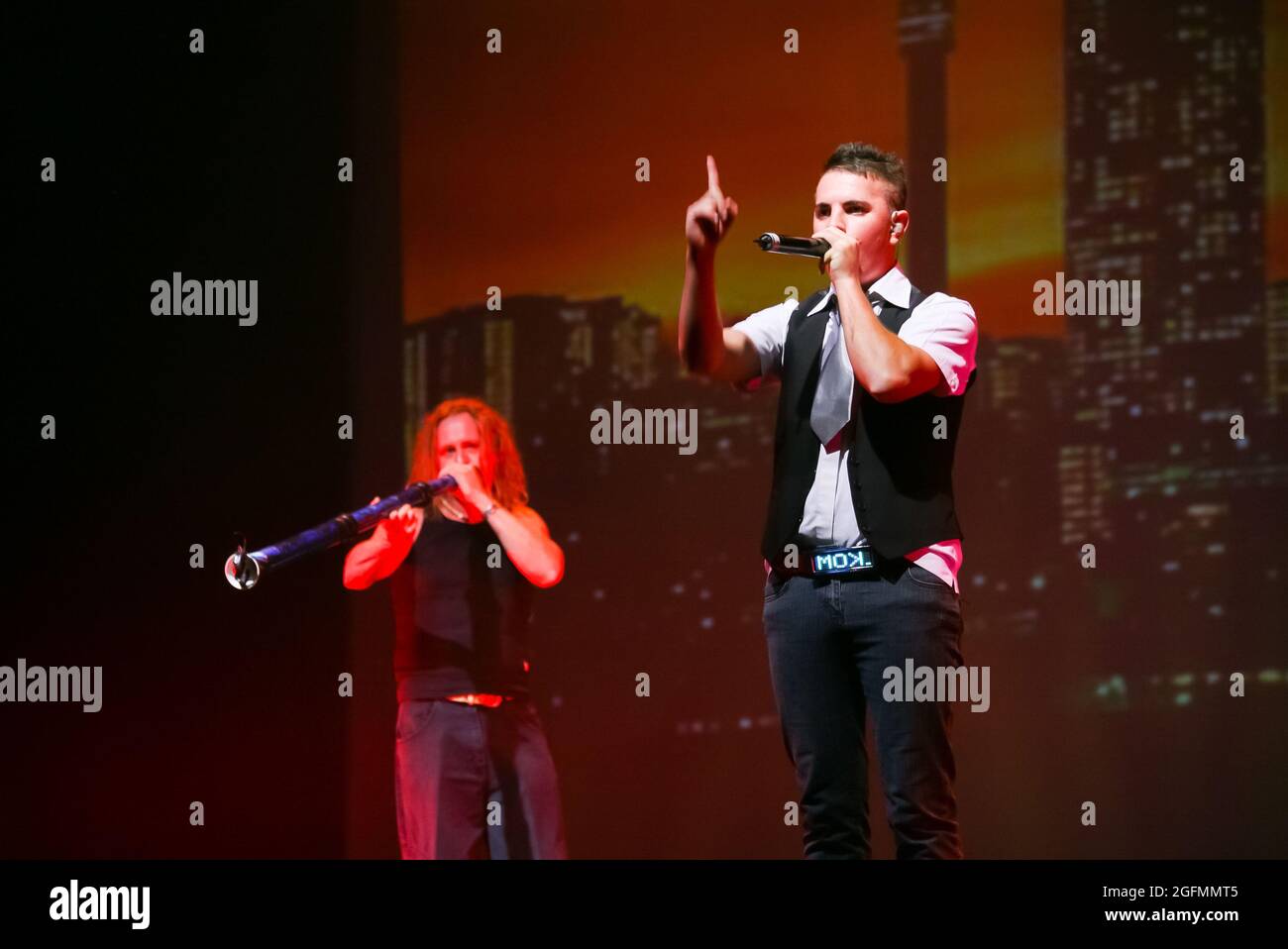 JOHANNESBURG, SOUTH AFRICA - Apr 24, 2019: singer on stage one finger ...