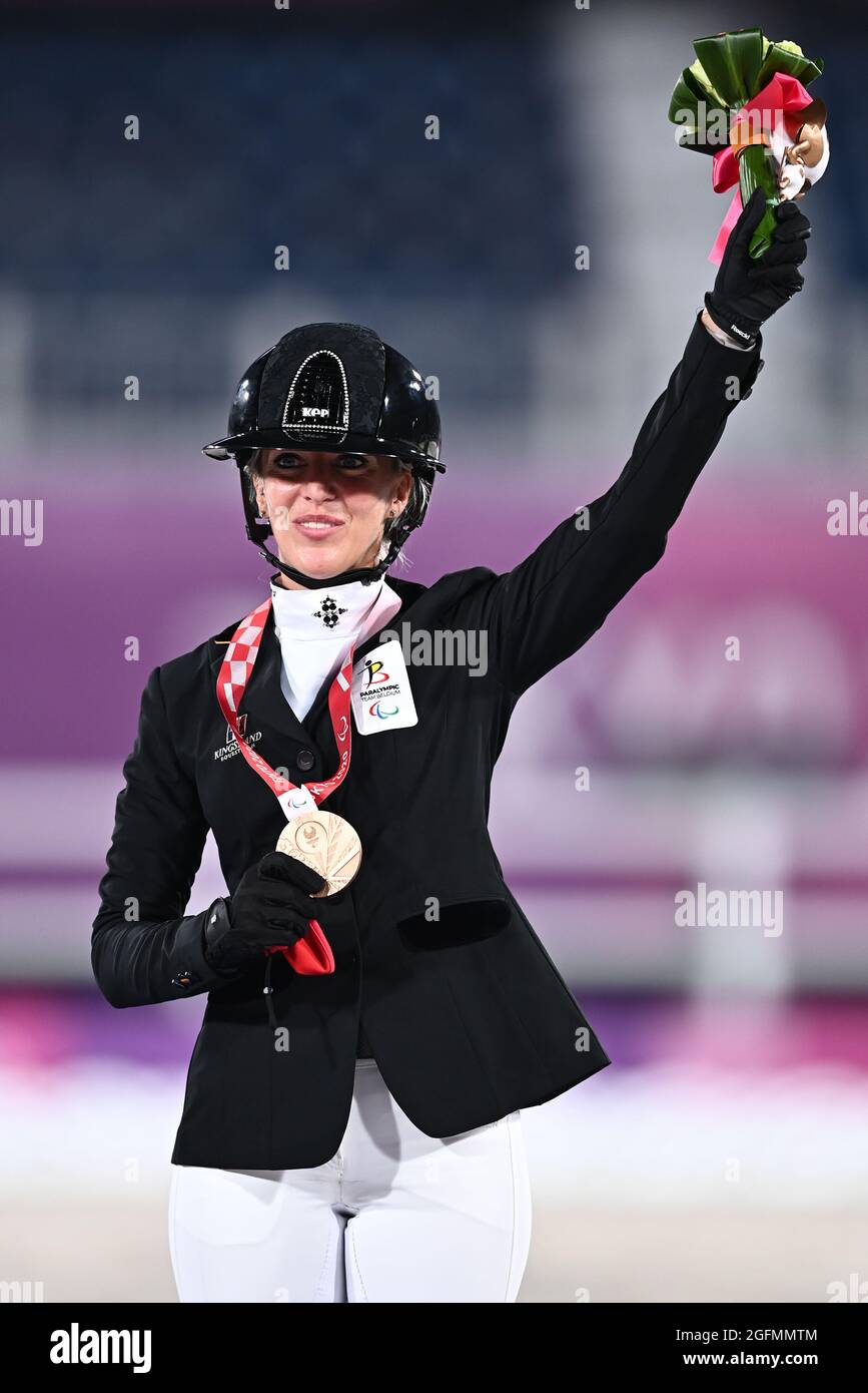 Paralympic jockey Manon Claeys , winner of the bronze medal celebrates ...