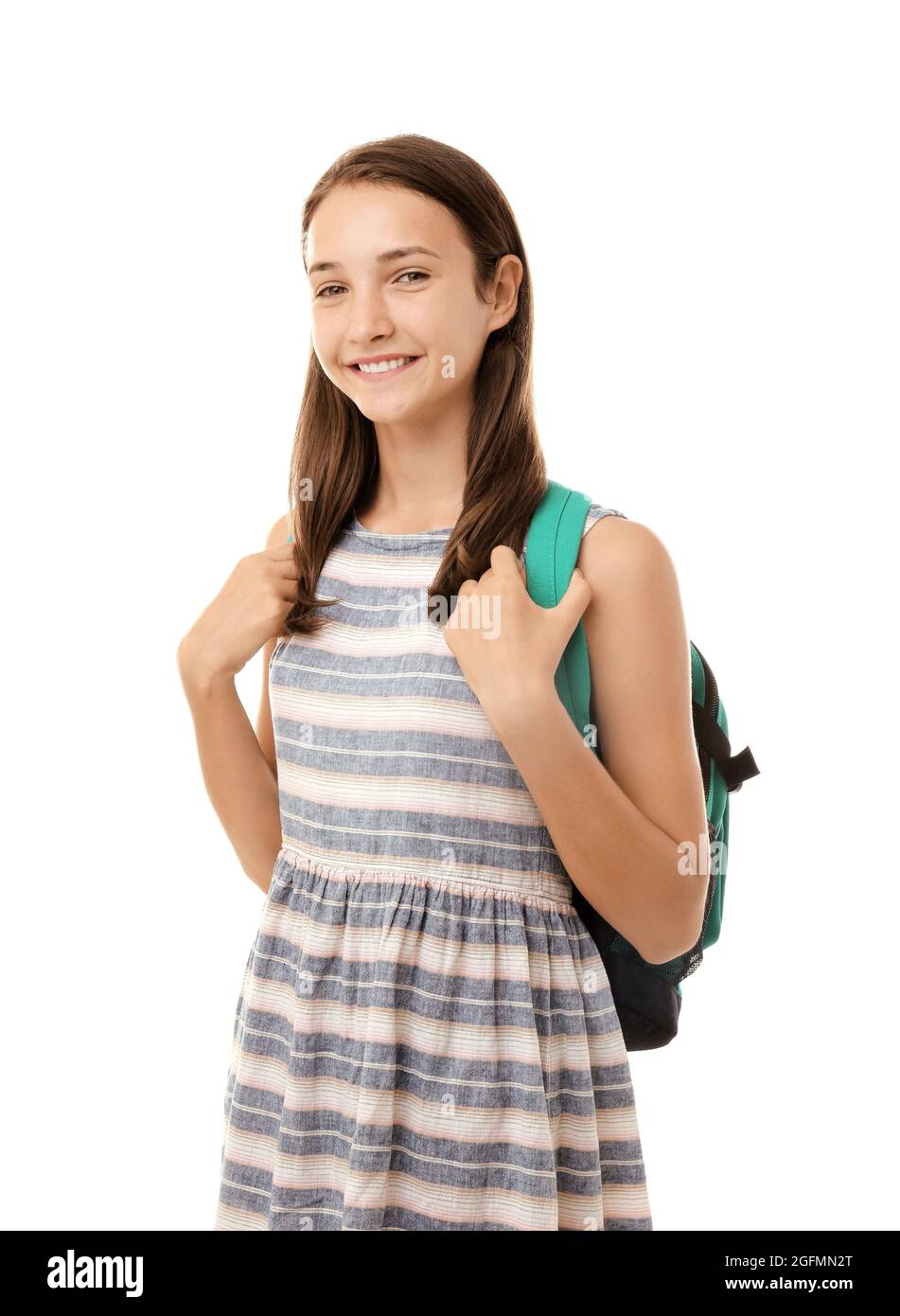 Beautiful teenager girl with backpack on white background Stock Photo ...