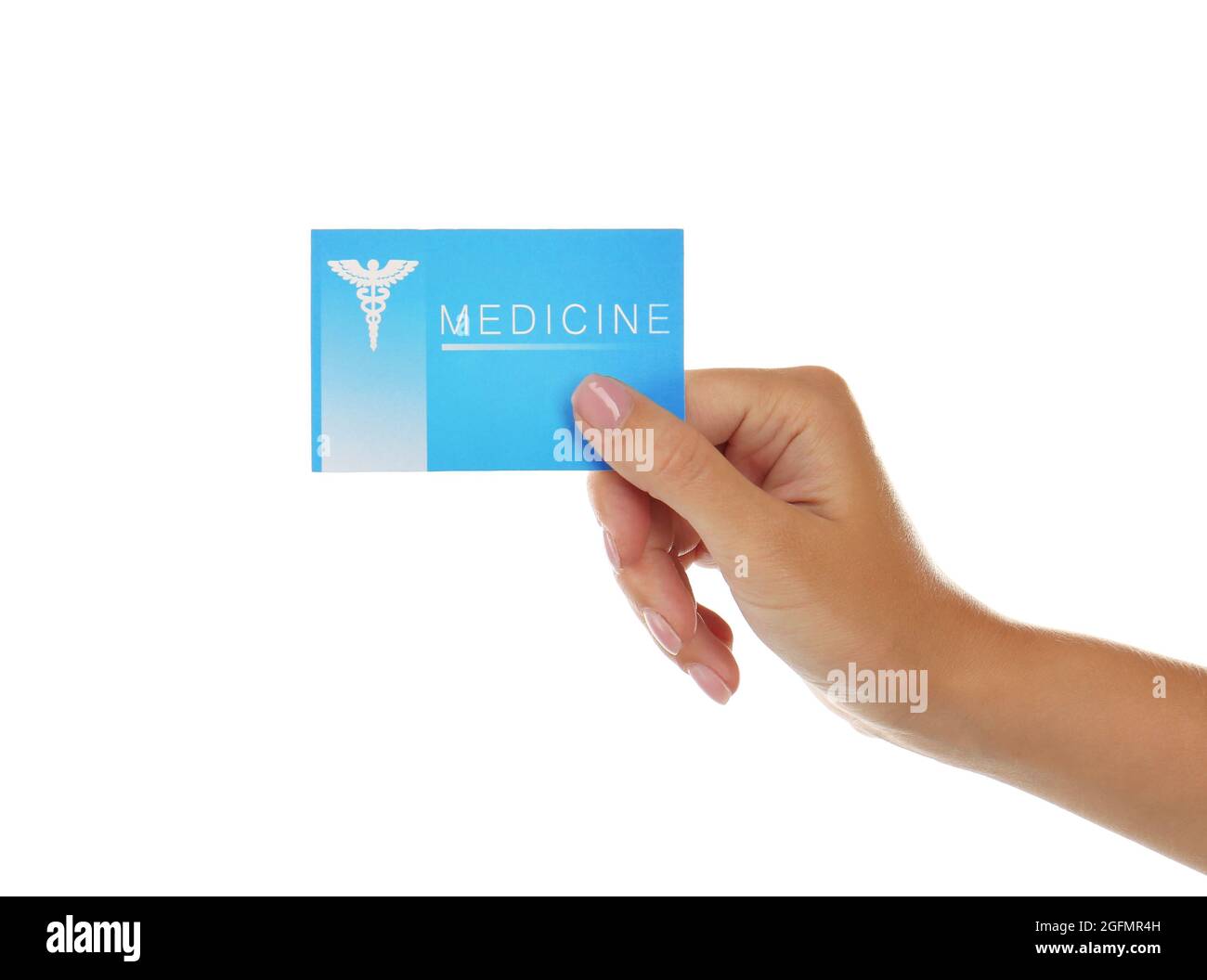 Woman hand holding card on white background. Medical service concept ...