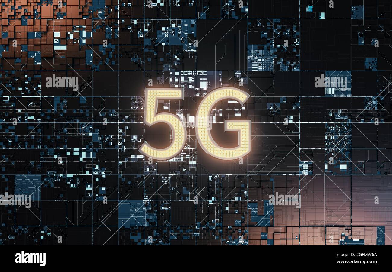 5G communication technology with black background, 3d rendering ...