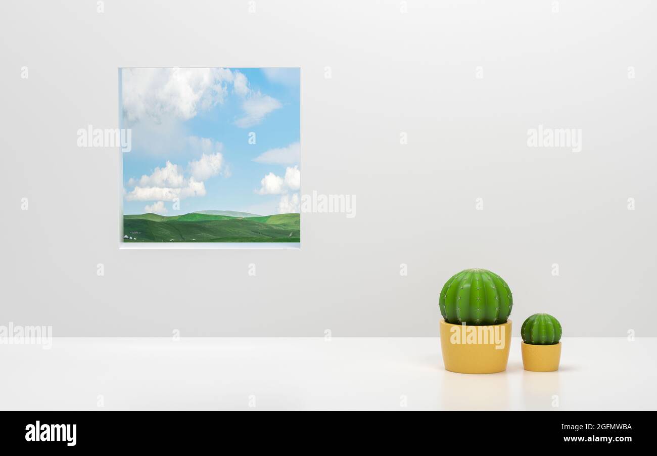 The cactus inside and the prairie outside, 3d rendering. Computer ...