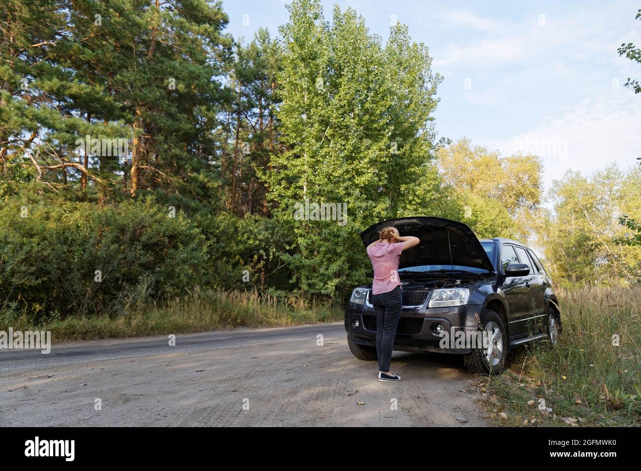 A woman looks at the open hood of the broken car clutching his hands ...
