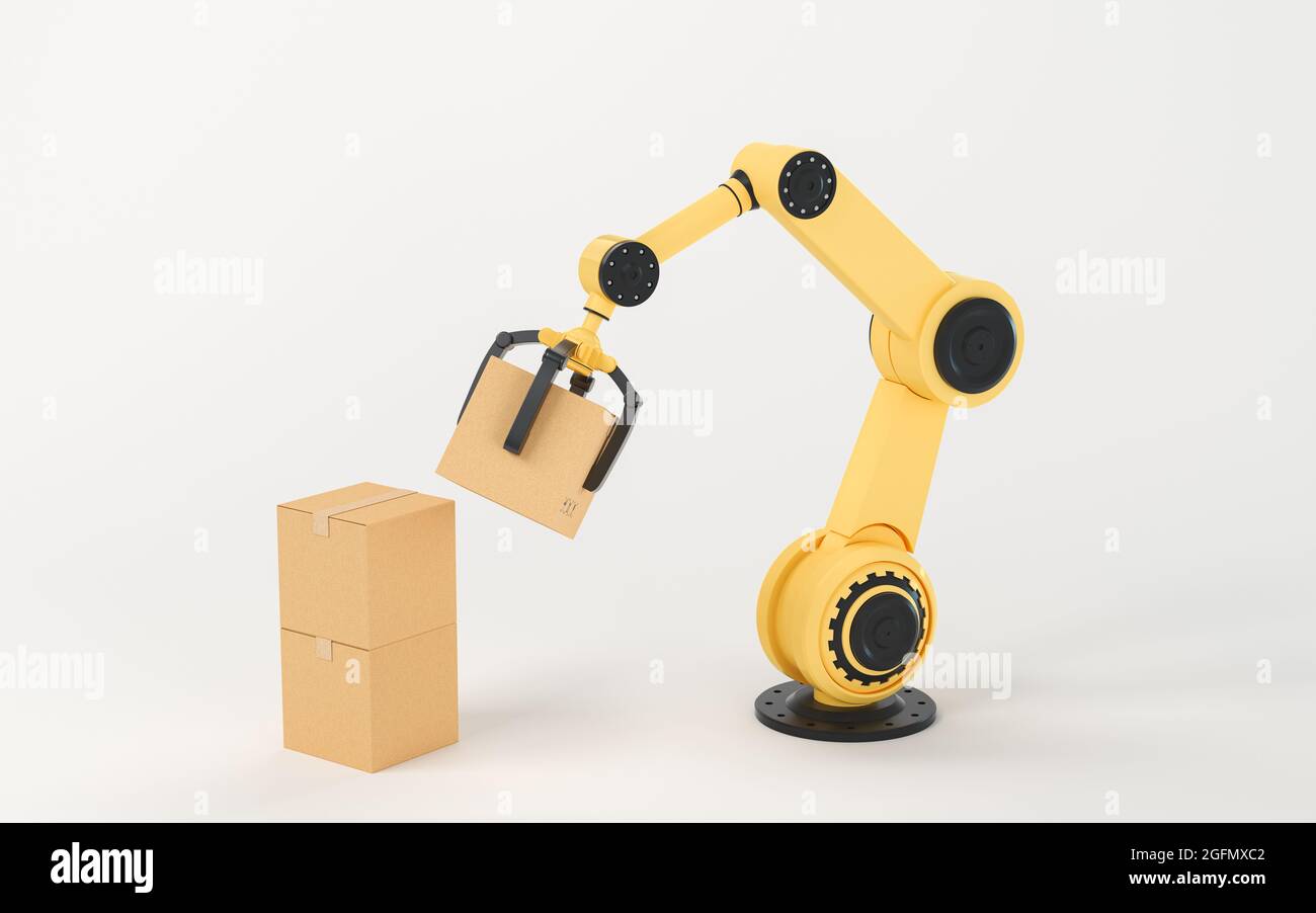The robotic arm picks up the box, 3d rendering. Computer digital ...