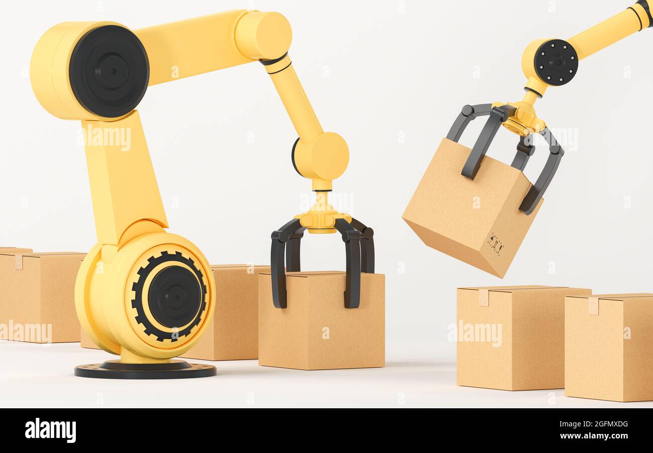 The robotic arm picks up the box, 3d rendering. Computer digital ...