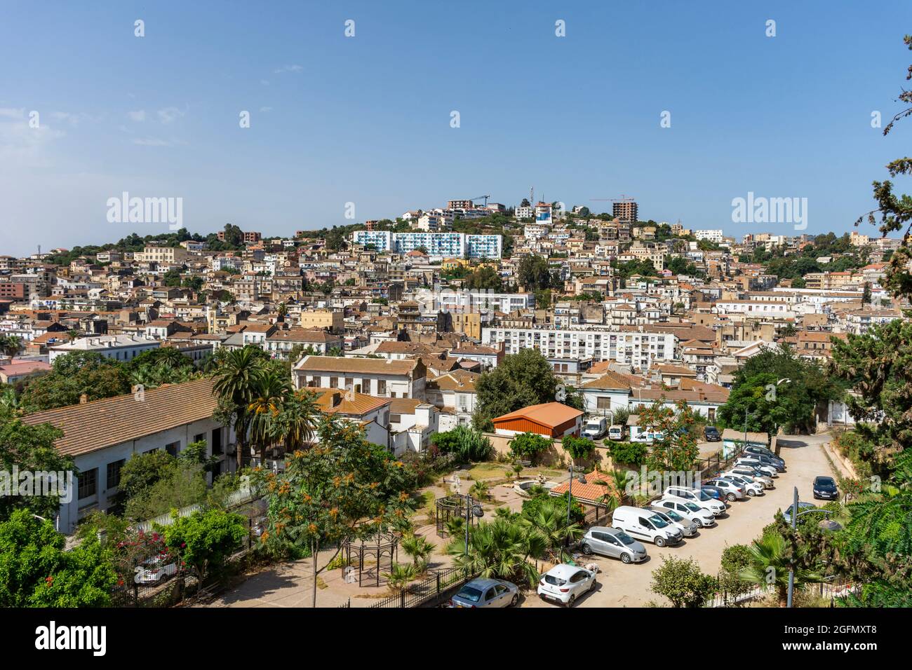 Aerial view of historic and modern houses in Skikda downtown, car ...