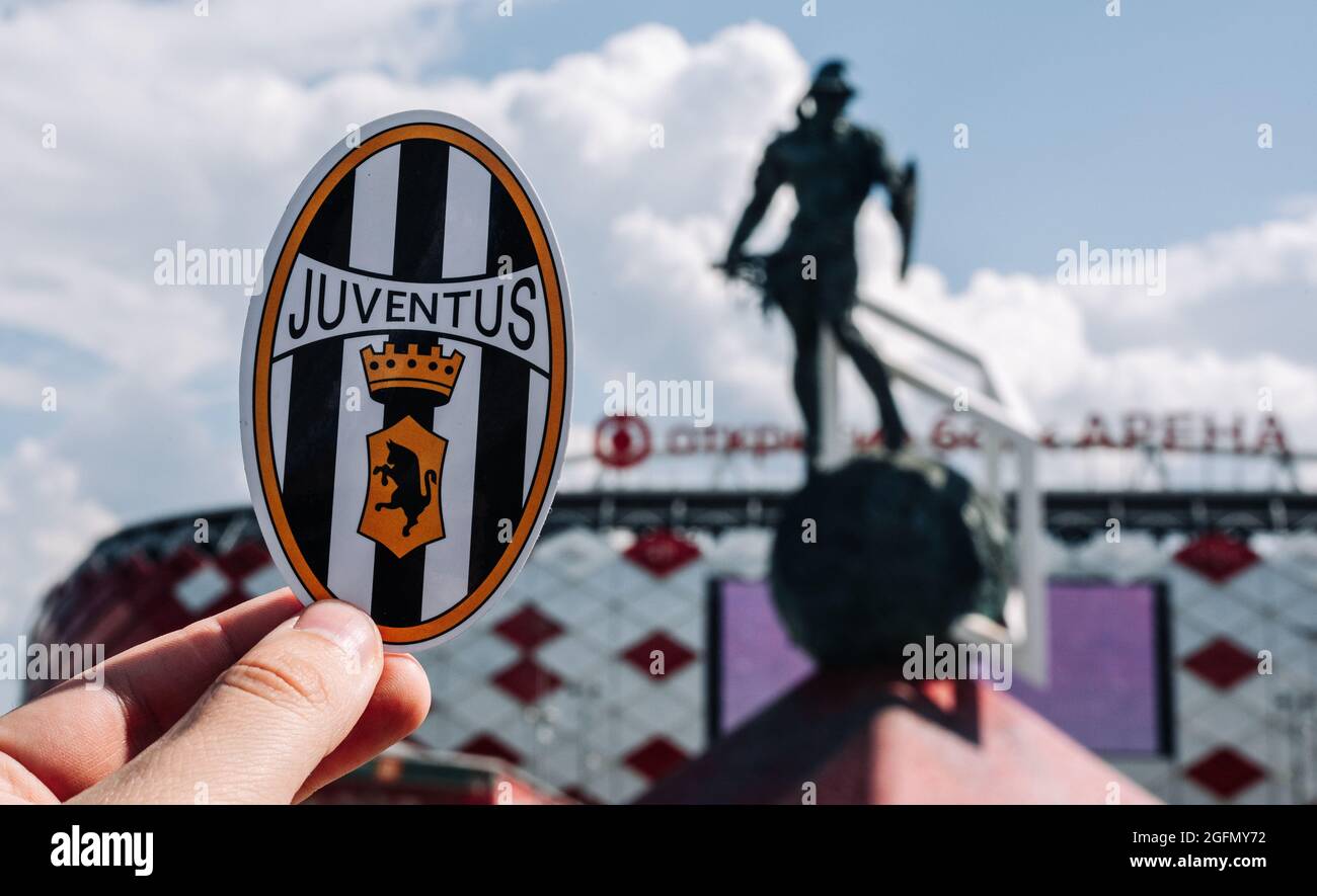 June 14, 2021 Turin, Italy. Juventus F.C. football club emblem against ...