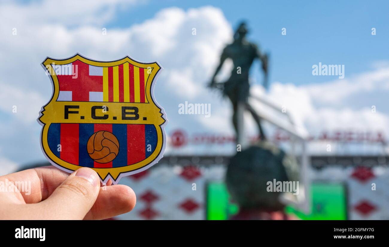 June 14, 2021 Barcelona, Spain. The emblem of the football club FC ...