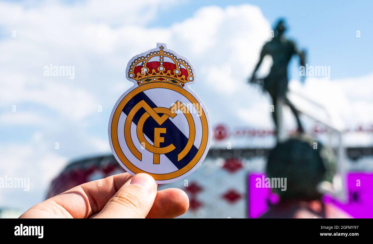 June 14, 2021 Madrid, Spain The emblem of the football club Real Madrid ...