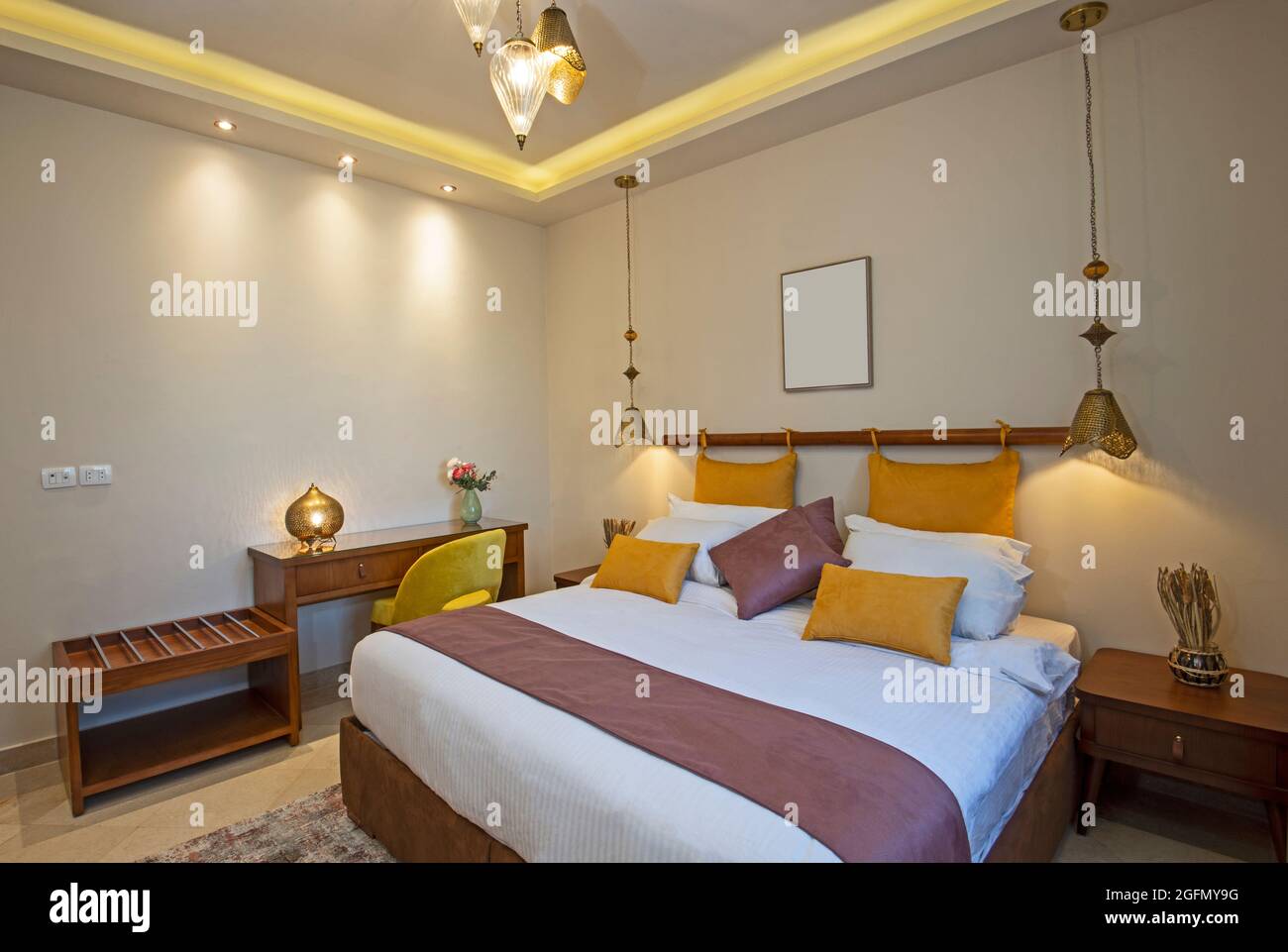 Interior design decor furnishing of luxury show home bedroom showing ...