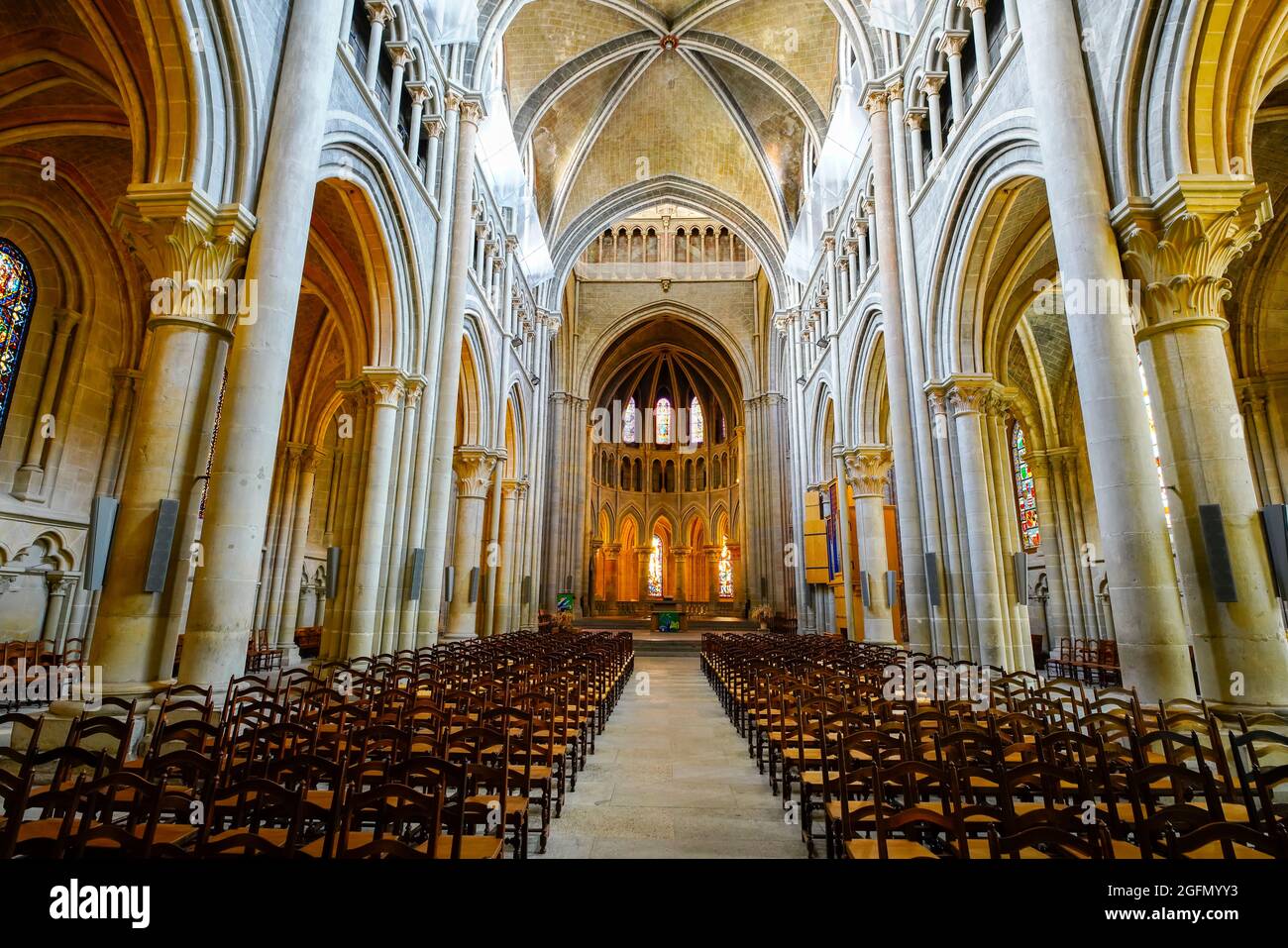 Inside Cathedral of Notre Dame of Lausanne. The Cathedral is considered ...