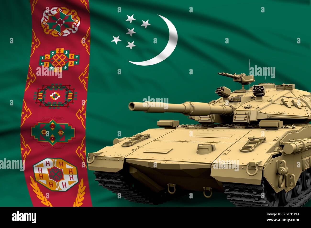 Turkmenistan modern tank with not real design on the flag background ...