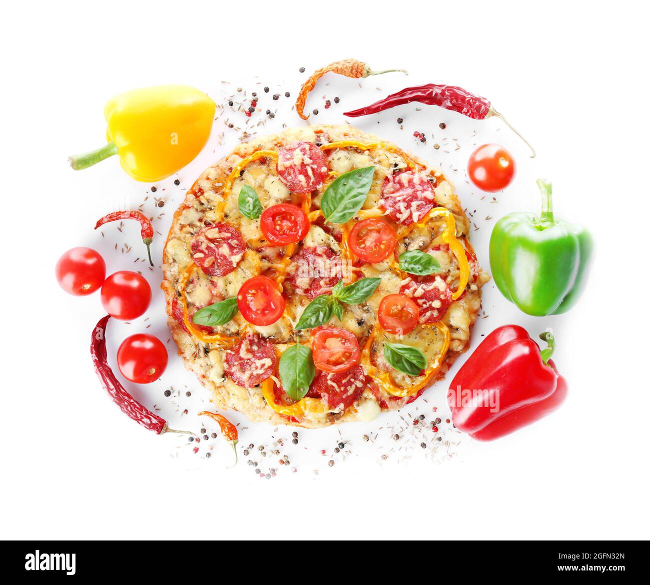 Composition of tasty pizza, vegetables and spices isolated on white ...
