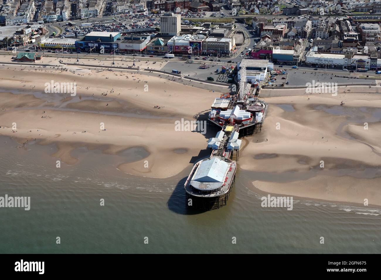 aerial view of Blackpool, with the Golden Mile beach, Blackpool Tower ...