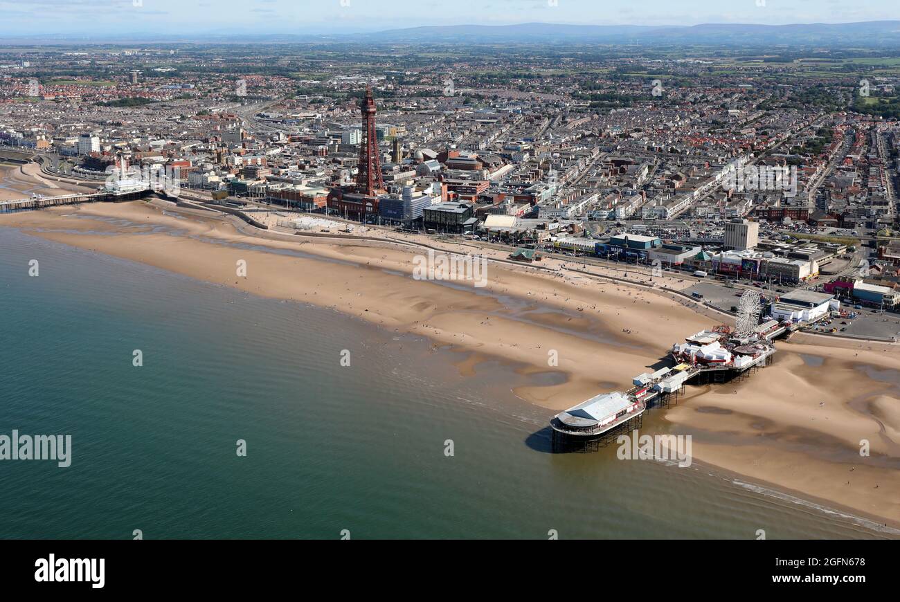 aerial view of Blackpool, with the Golden Mile beach, Blackpool Tower ...