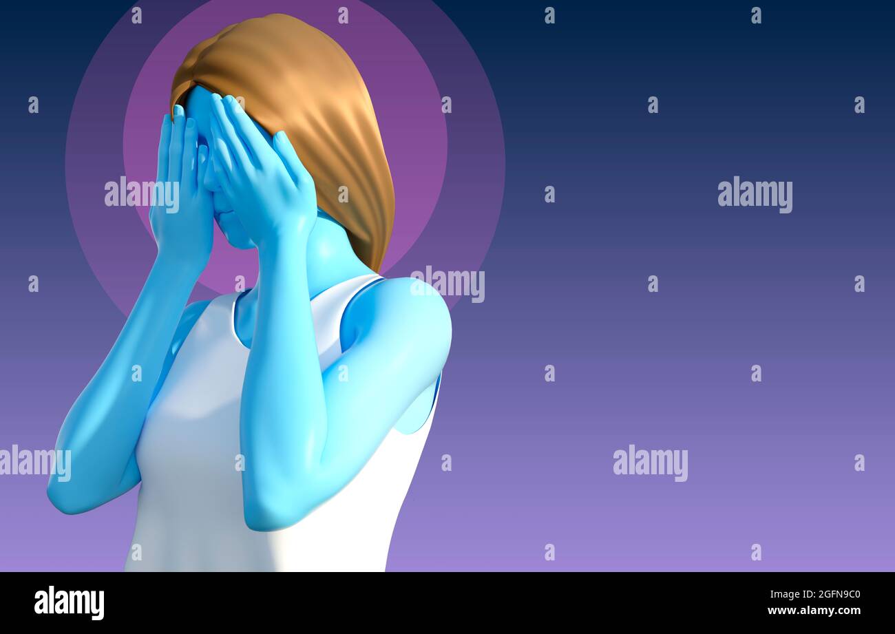 3d render illustration of female blue colored model depicting head ache ...