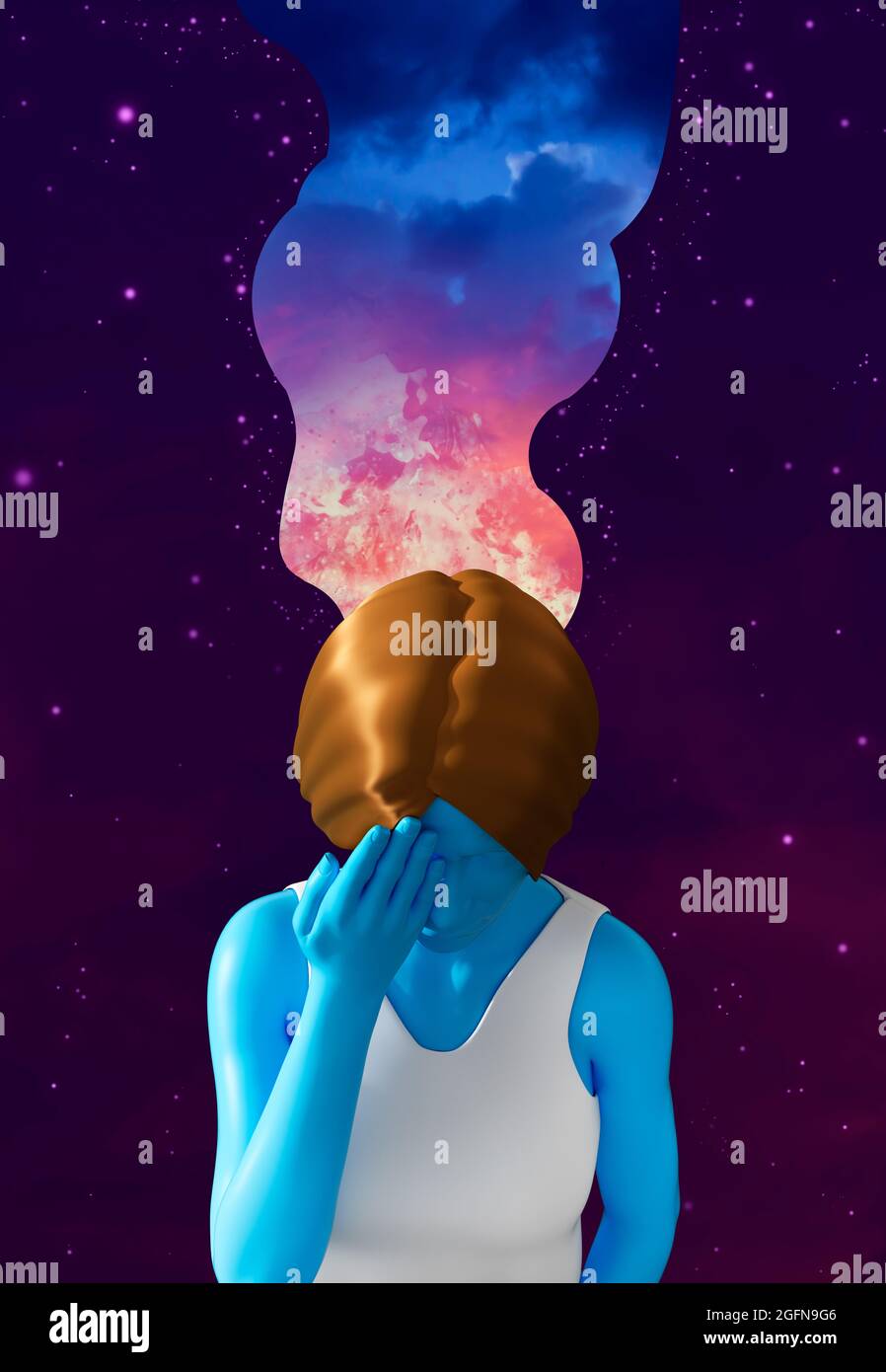 3d render illustration of female blue colored model depicting head ache ...