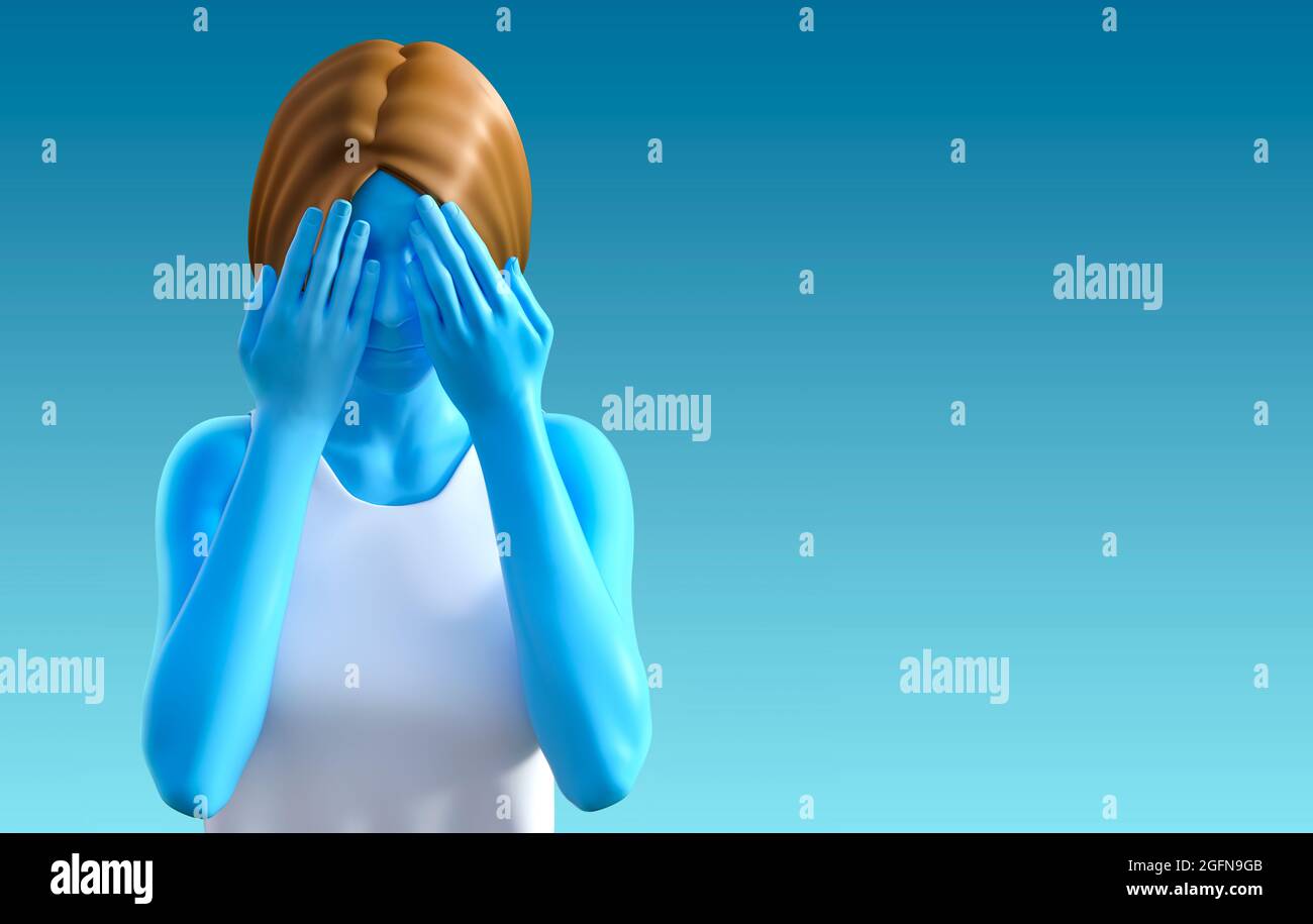 3d render illustration of female blue colored model depicting head ache ...