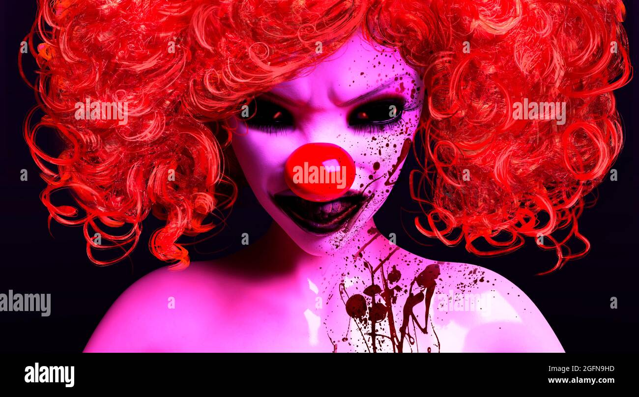 3d horror render illustration of scary evil female killer clown with ...