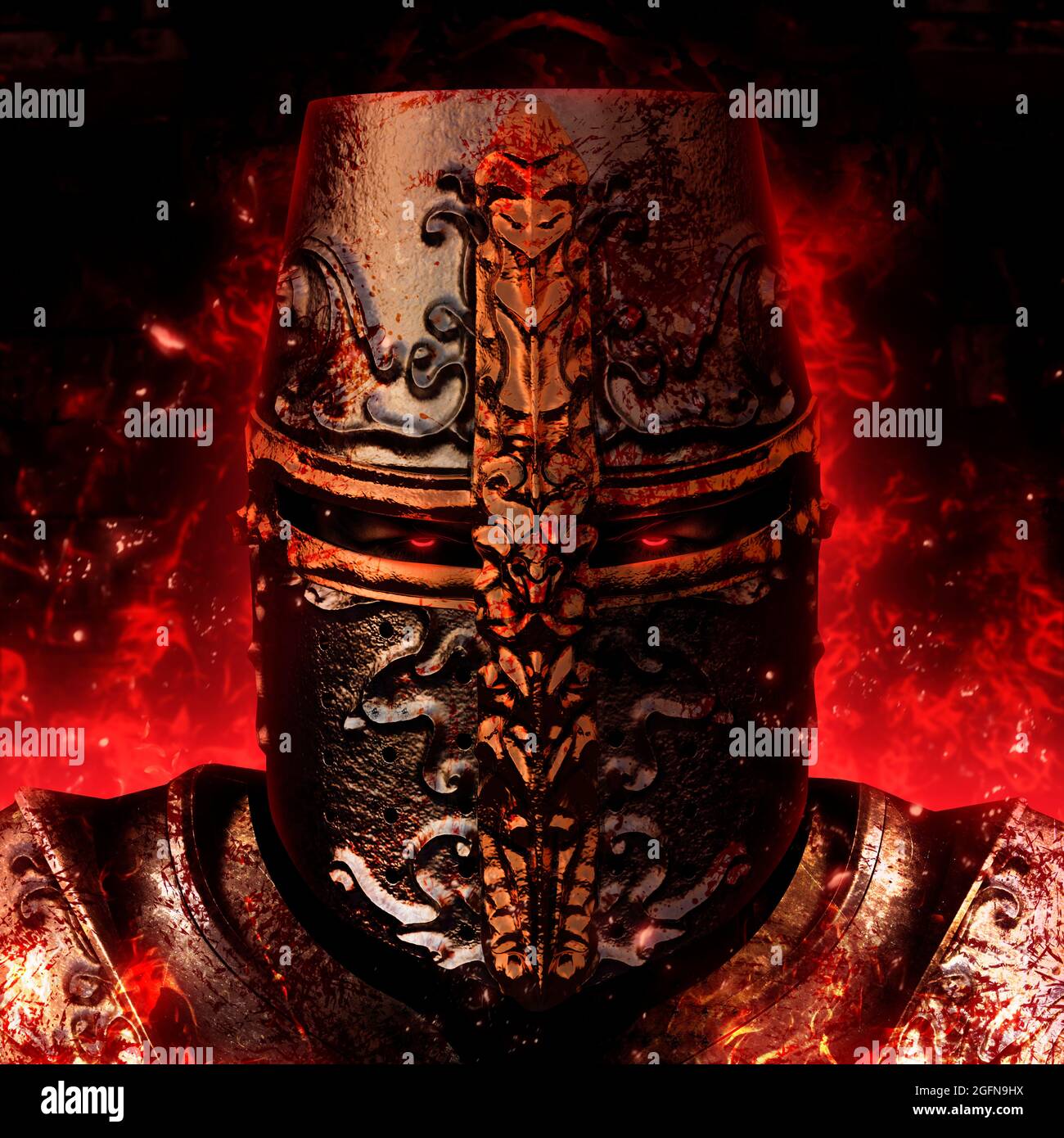 Fantasy 3d render illustration of possessed evil crusader, templar or knight paladin in medieval ...