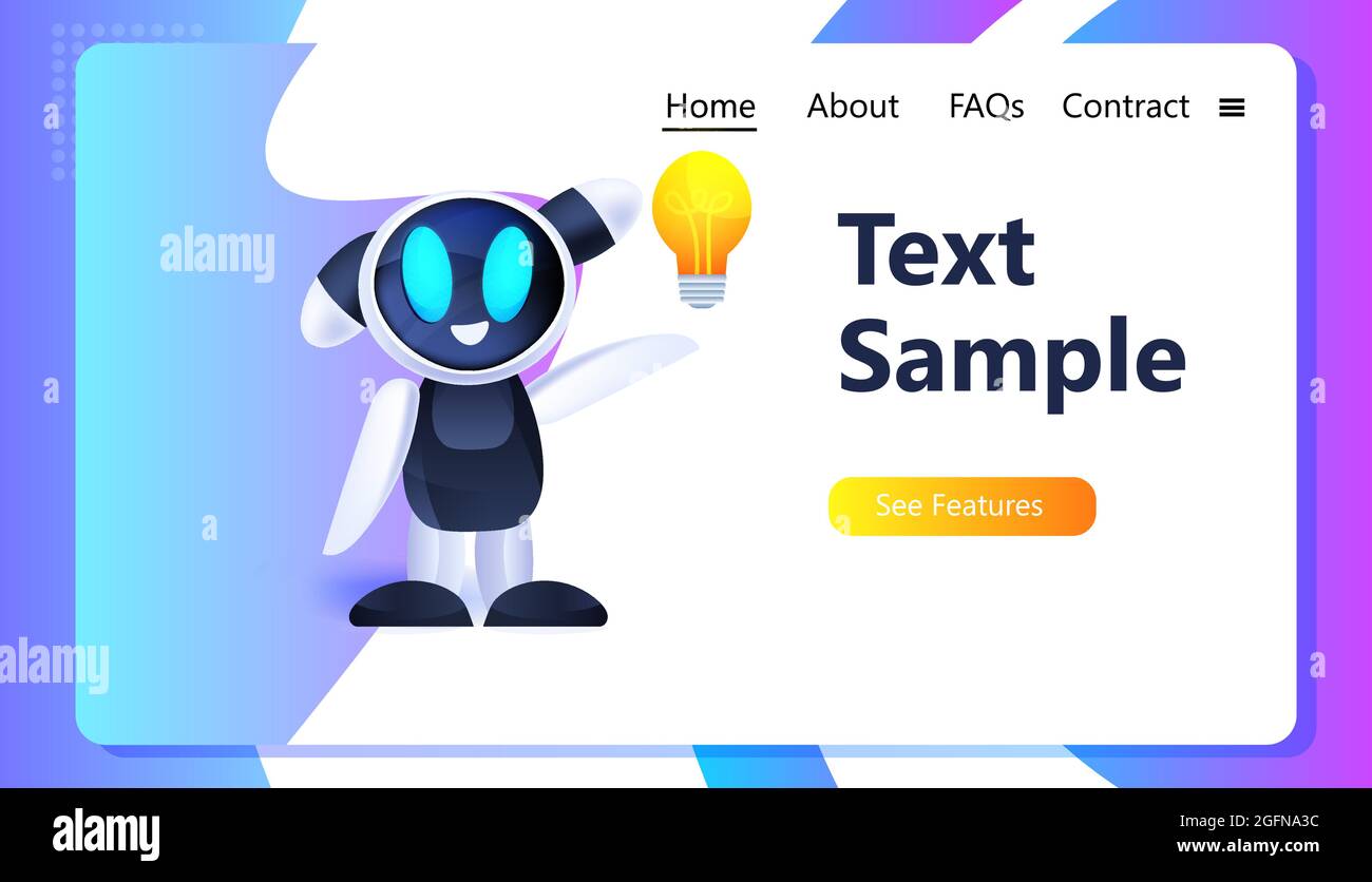 cute robot cyborg holding light lamp modern robotic character with ...