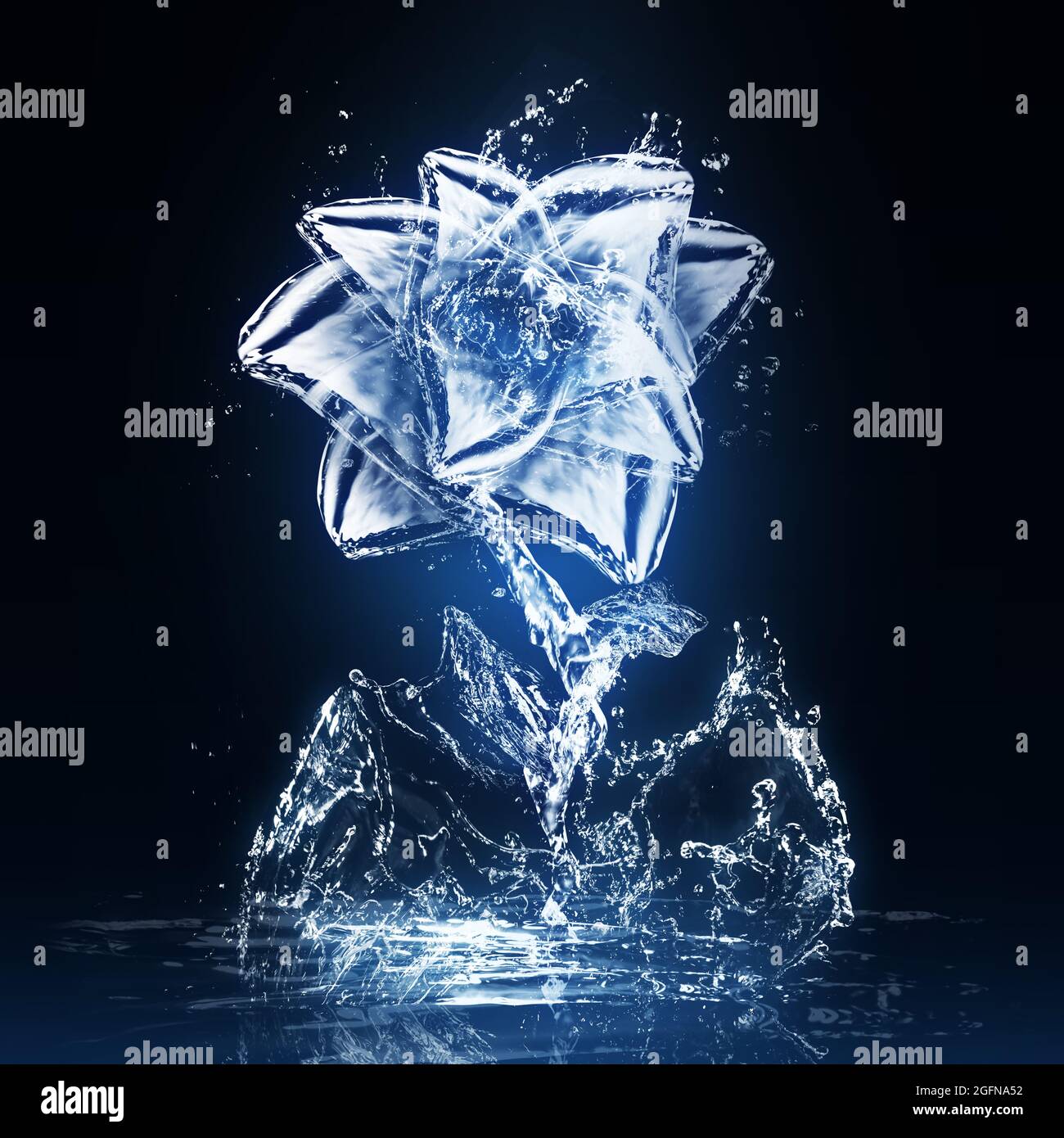 Illustration of blue toned flower made of water liquid splashes on dark ...