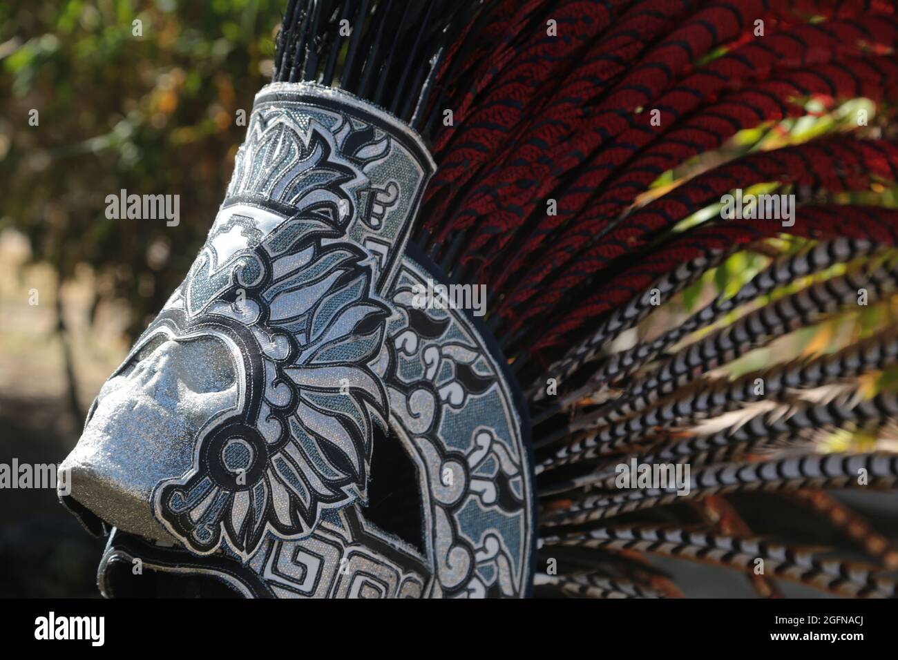 Teotihuacan, Mexico. 26th Aug, 2021. A man puts the feathers to a plume ...