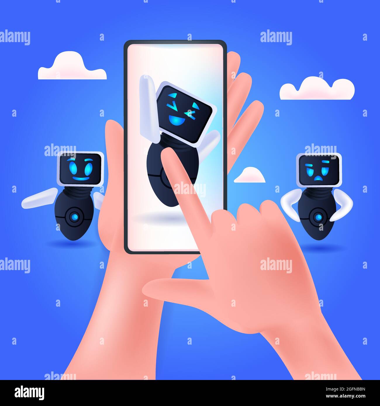 cute robot cyborg on smartphone screen modern robotic character waving ...