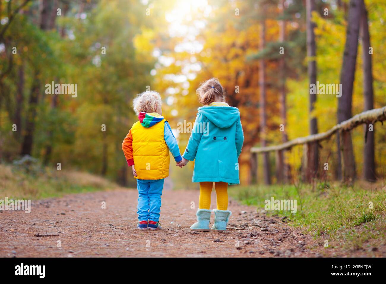 Kids play in autumn park. Children throwing yellow maple leaves. Boy ...