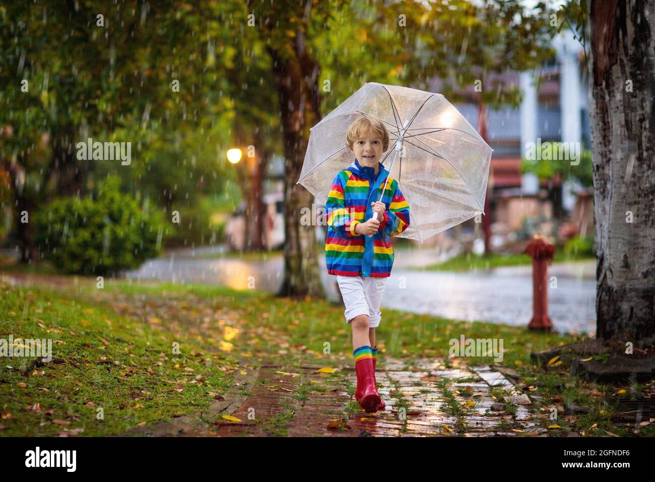 Child playing in autumn rain. Kid with umbrella. Little boy running on ...