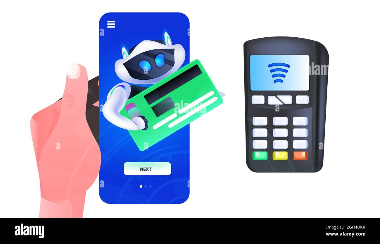 cute robot cyborg holding credit card near payment terminal artificial ...